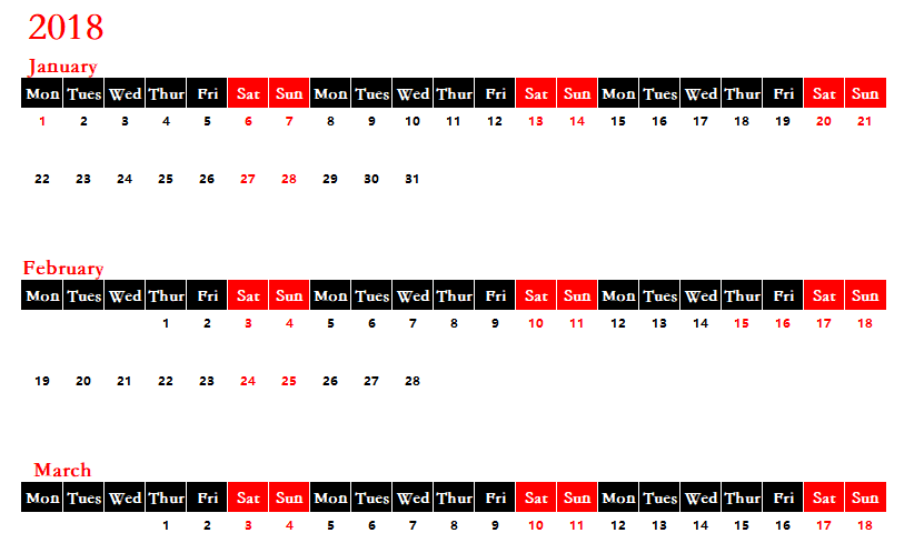 EXCEL of (Stripe-type) 2018 Calendar.xls | WPS Free Templates