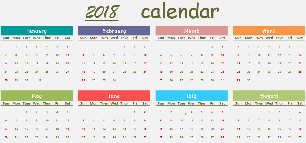EXCEL of 2018 Calendar.xlsx | WPS Free Templates